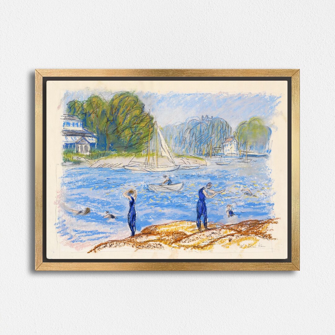 Summertime Swimmers and Sailboats, Framed Canvas Wall Art, Ready to ...