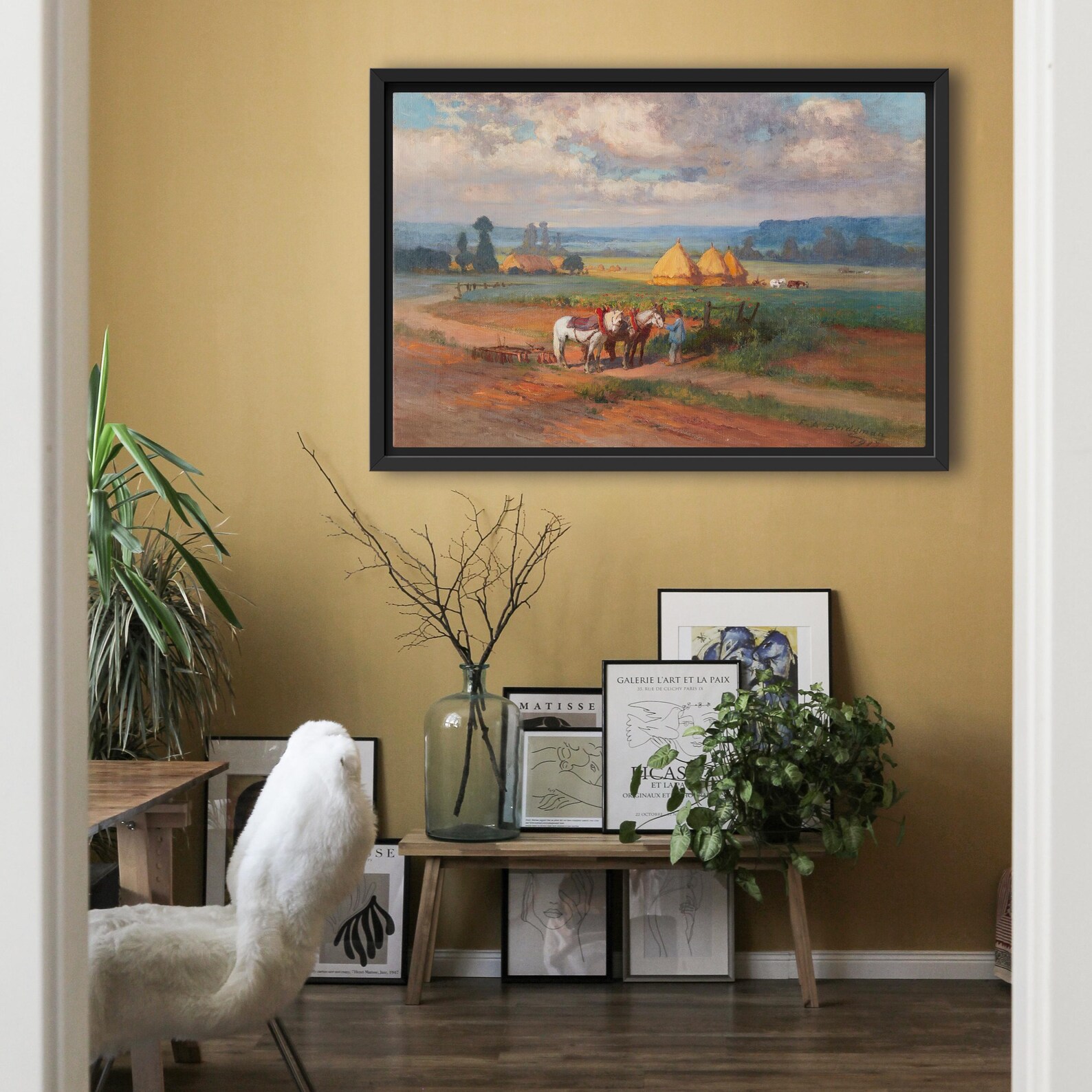 Farm Scene With Haystacks and Horses, Framed Canvas Wall Art, Ready to ...