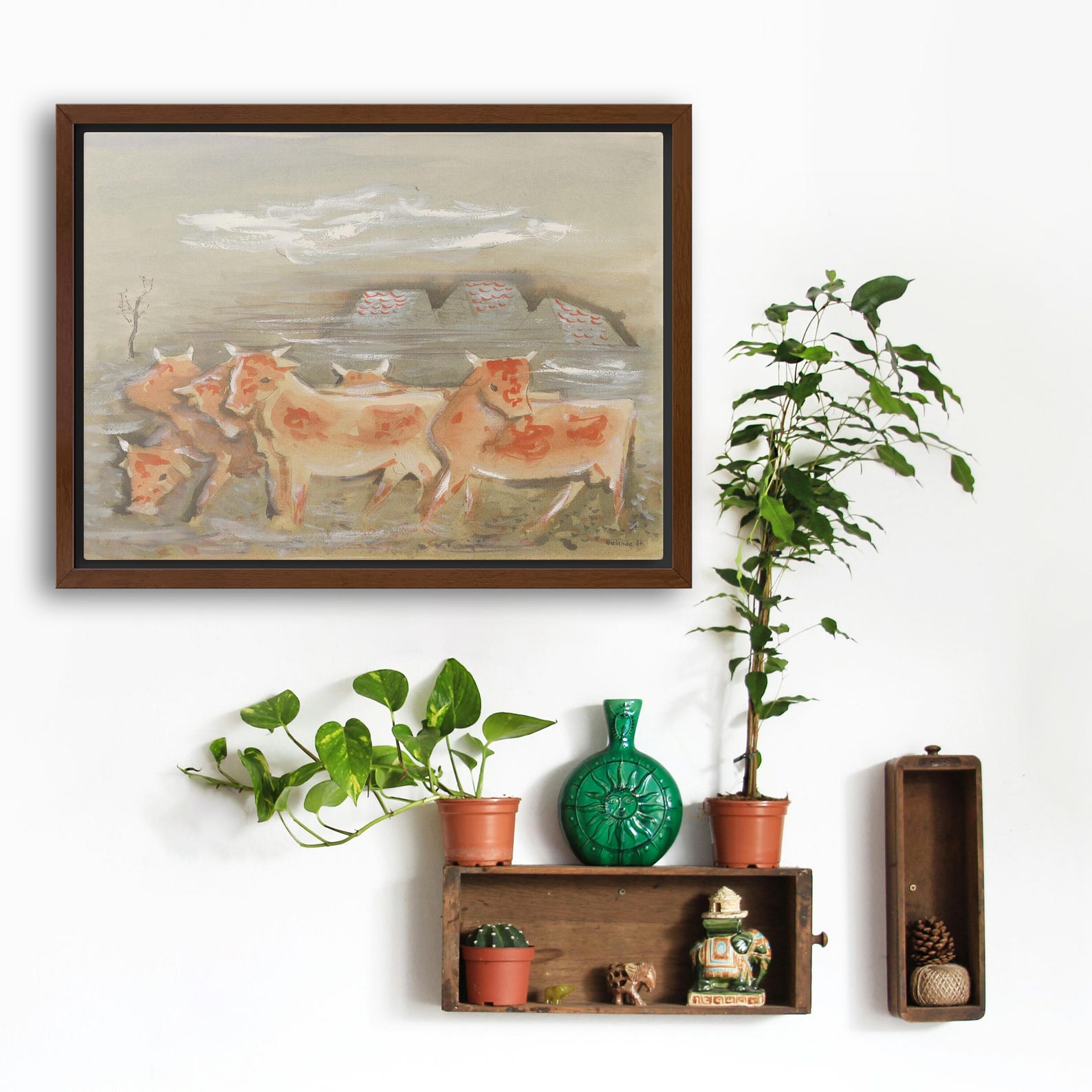 Herd of Cows in A Landscape, Framed Canvas Wall Art, Ready to Hang ...