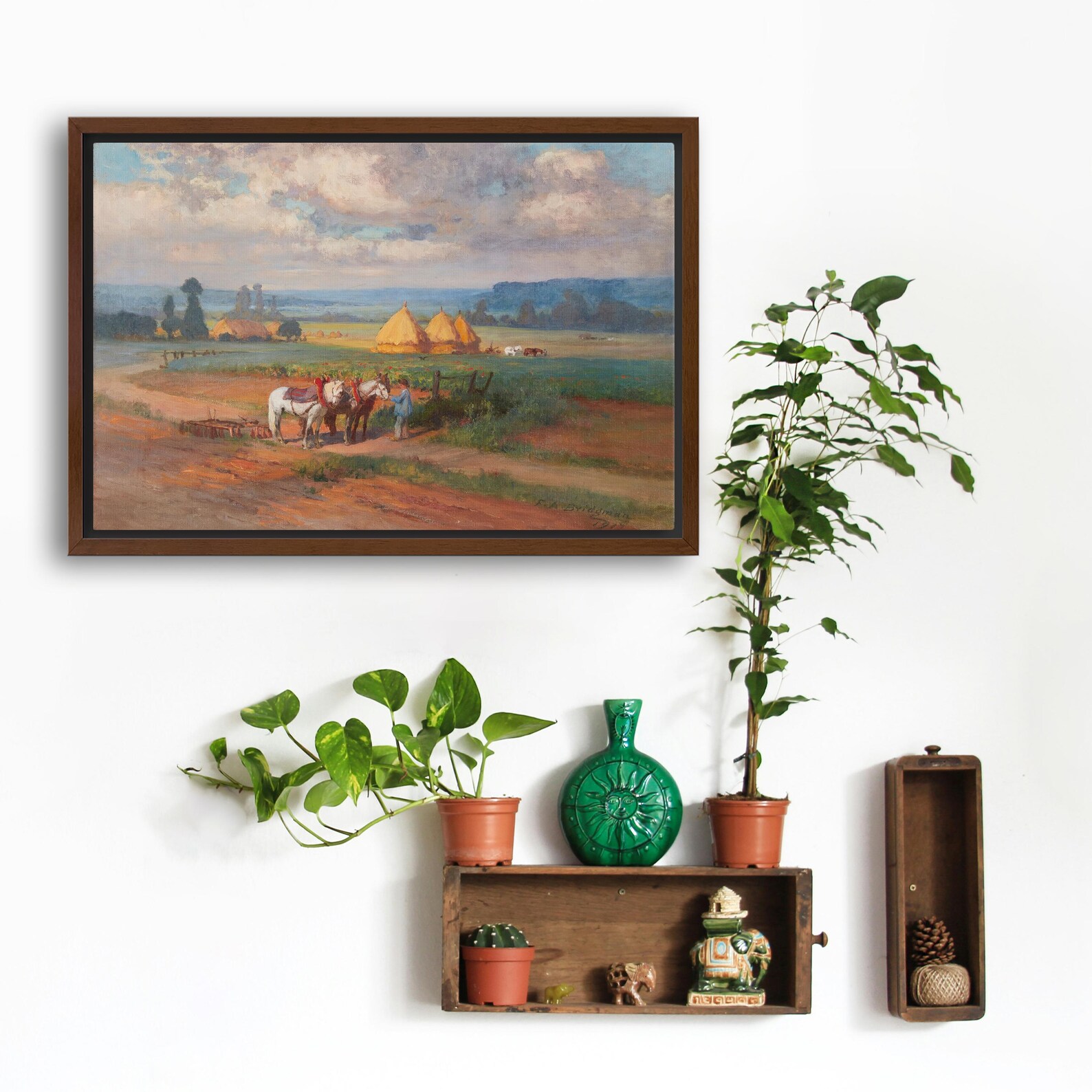 Farm Scene With Haystacks and Horses, Framed Canvas Wall Art, Ready to ...
