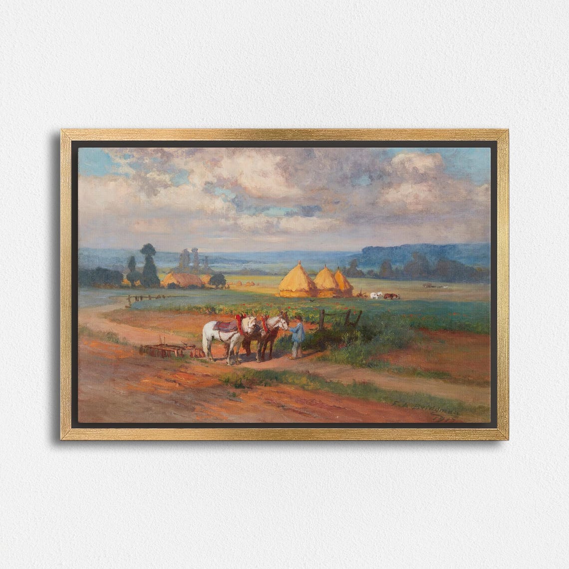 Farm Scene With Haystacks and Horses, Framed Canvas Wall Art, Ready to ...