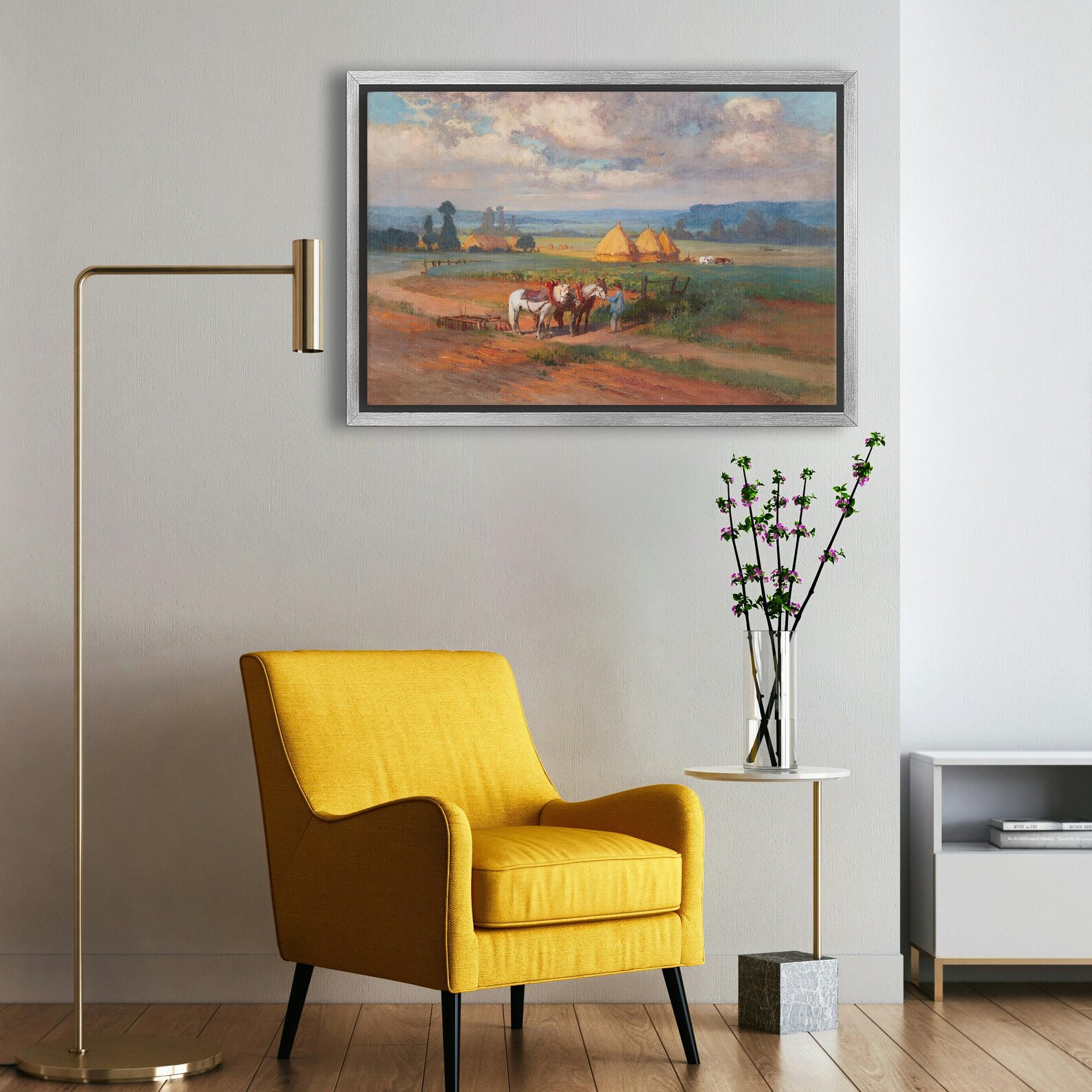 Farm Scene With Haystacks and Horses, Framed Canvas Wall Art, Ready to ...