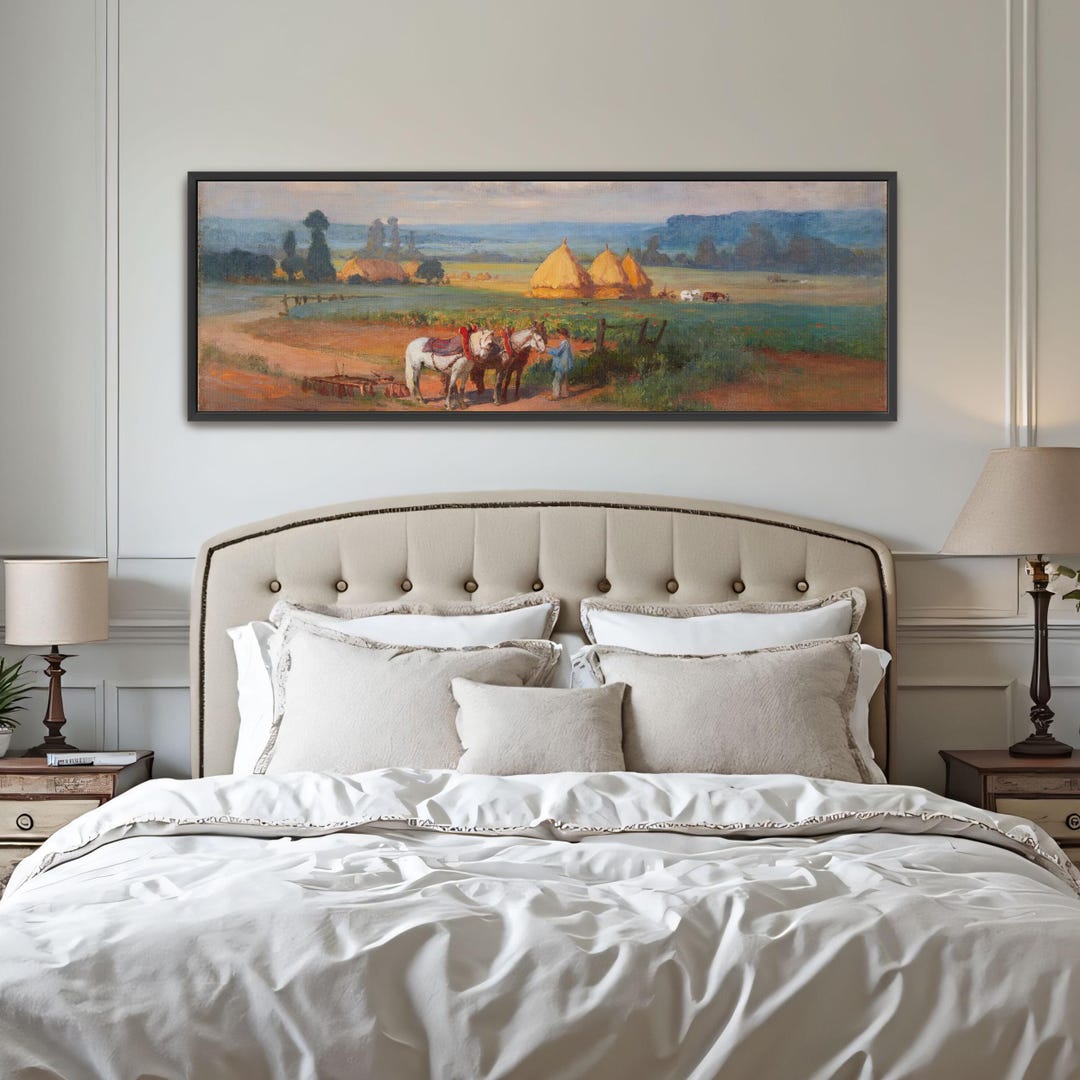 Countryside Landscape With Horses and Haystacks, Panoramic Wall Art ...