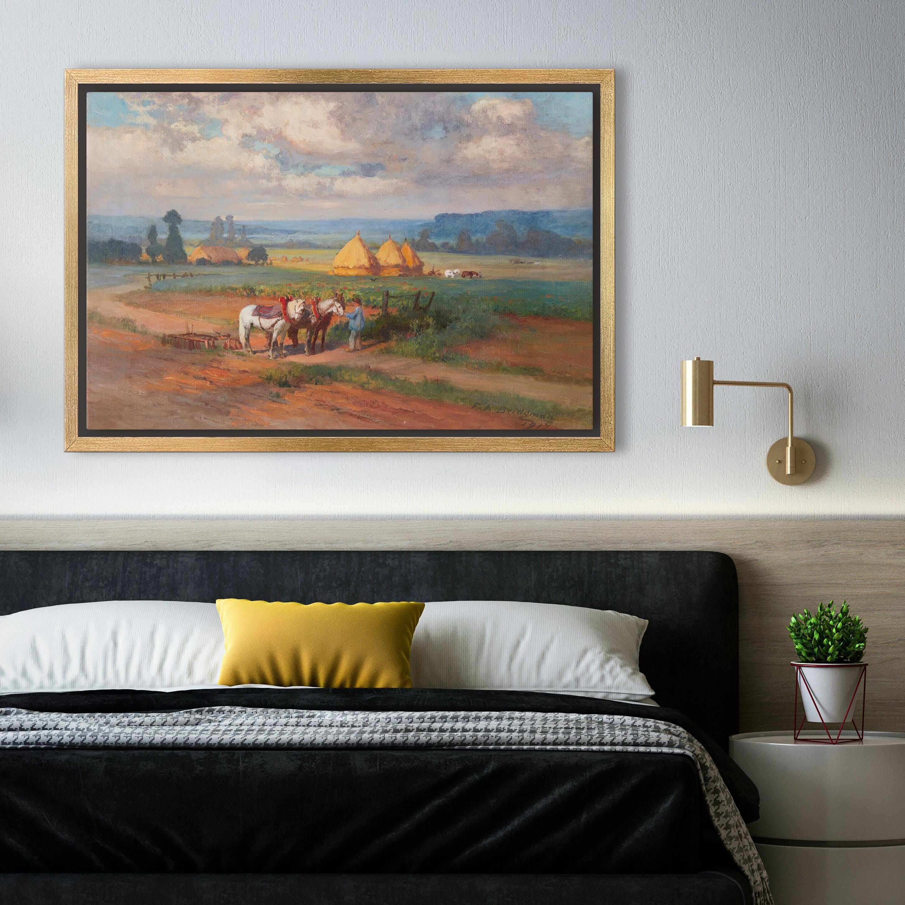 Farm Scene With Haystacks and Horses, Framed Canvas Wall Art, Ready to ...