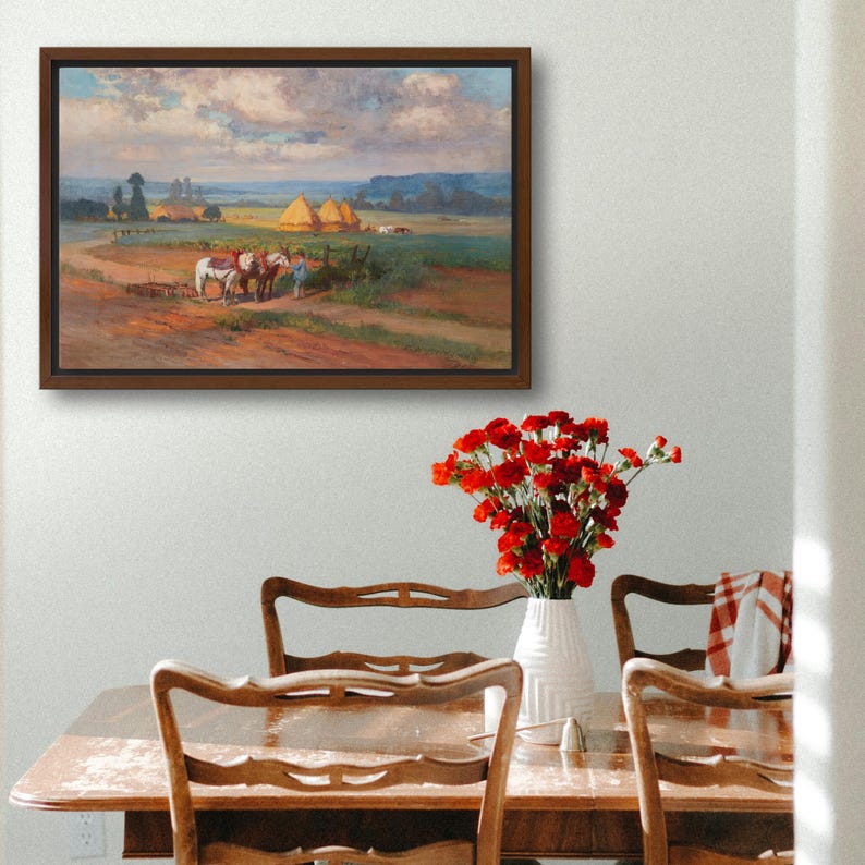 Farm Scene With Haystacks and Horses, Framed Canvas Wall Art, Ready to ...