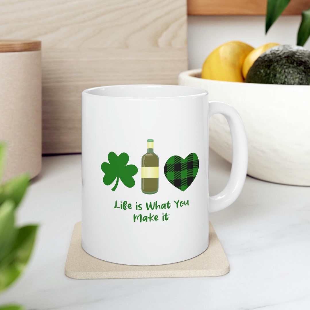 St. Patrick's Day Mug, Lucky Green Shamrock Mug, Green and Black Plaid ...