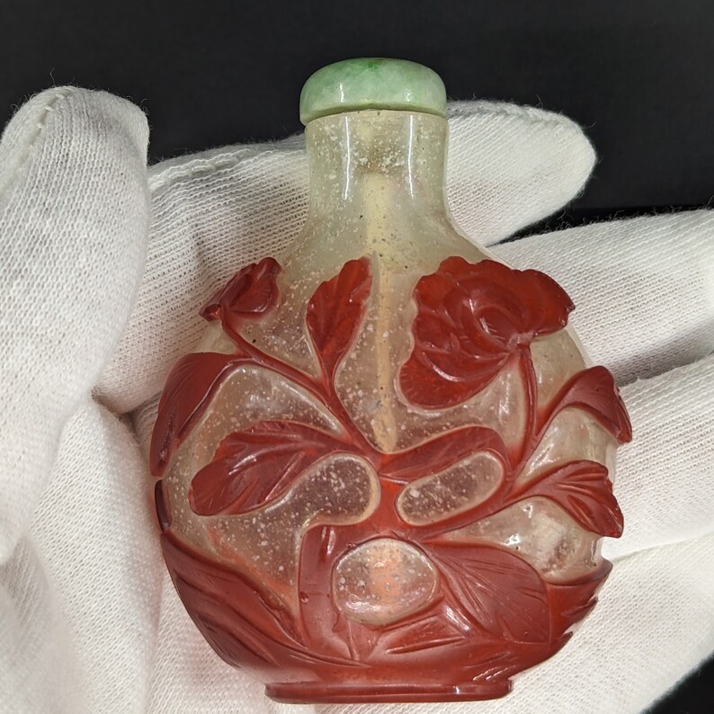 Antique Chinese Ruby Red Glass Overlay Snuff Bottle Jade Stopper Qing ...