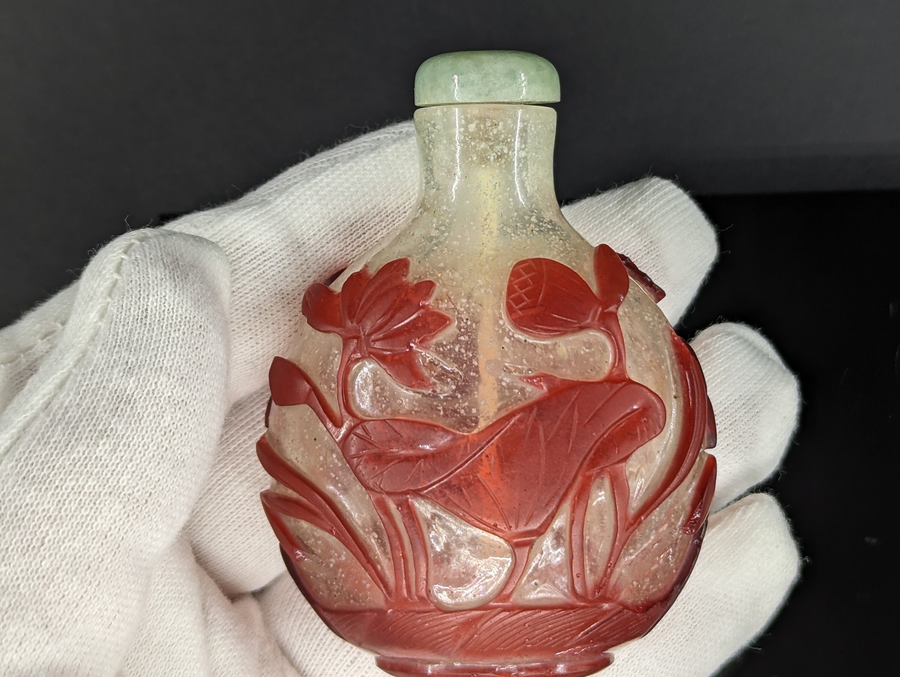 Antique Chinese Ruby Red Glass Overlay Snuff Bottle Jade Stopper Qing ...