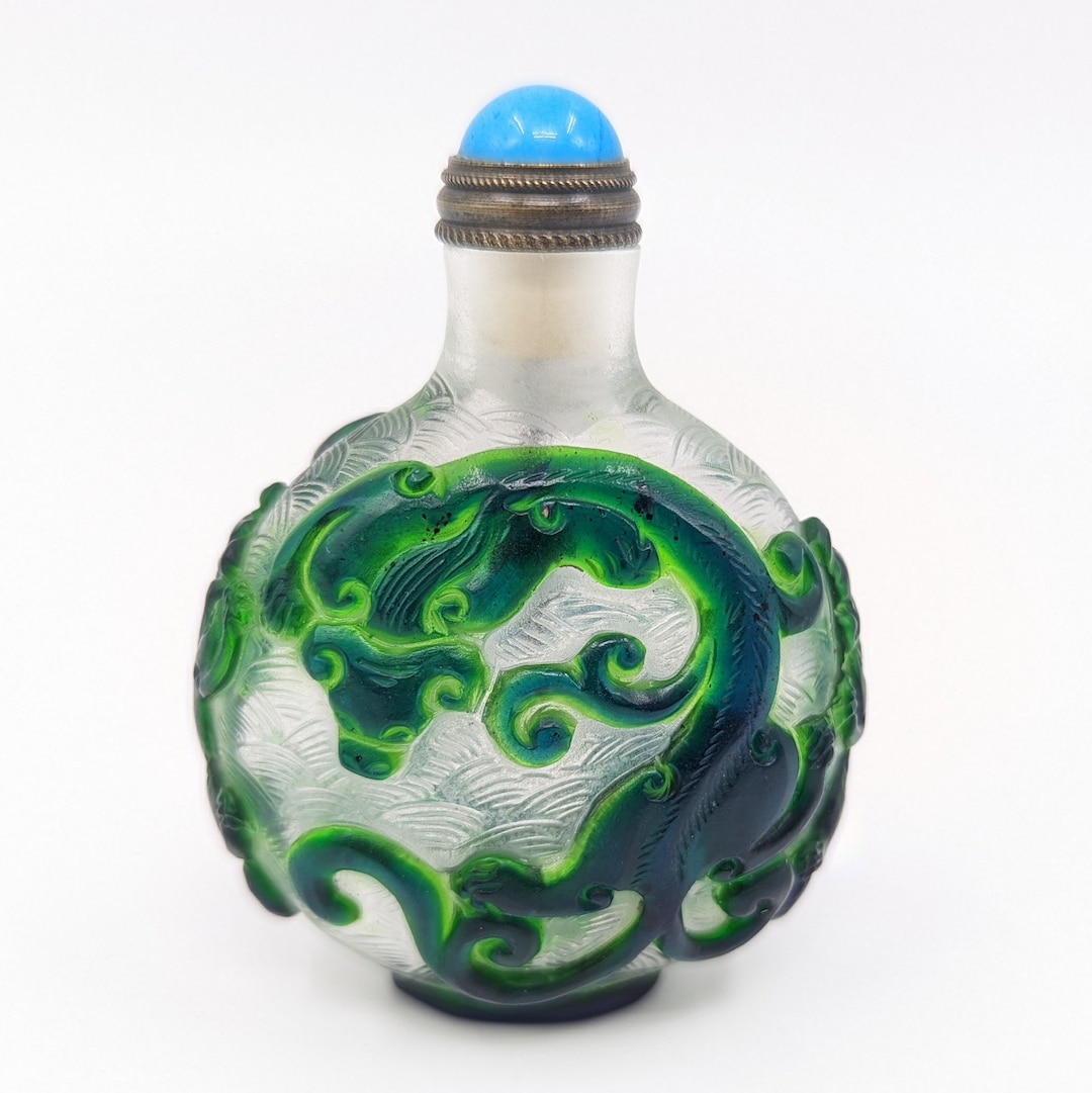 Antique Chinese Green Glass Overlay Snuff Bottle Chi Dragons Carved ...