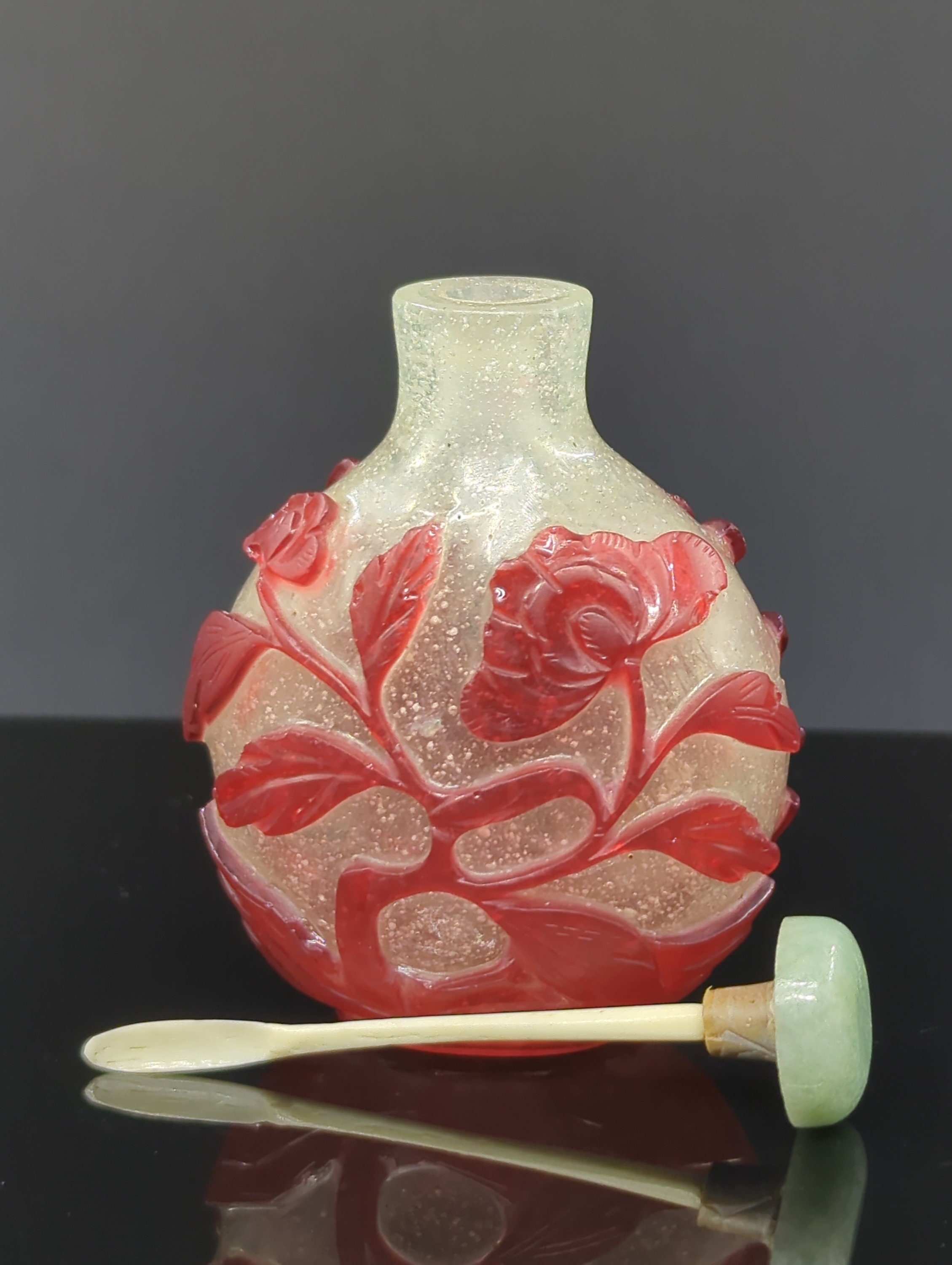 Antique Chinese Ruby Red Glass Overlay Snuff Bottle Jade Stopper Qing ...