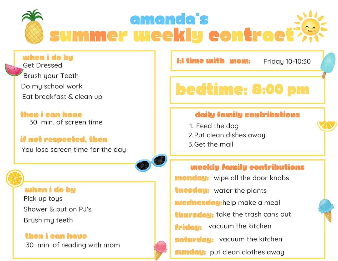 EDITABLE Kids Summer Contract - Daily Routines I Daily & Weekly Family ...