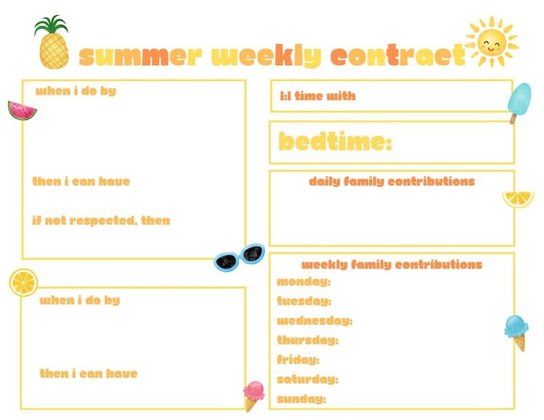 EDITABLE Kids Summer Contract - Daily Routines I Daily & Weekly Family ...