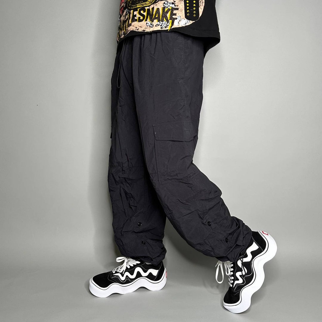 Vintage Track Pants Jet Black Nylon Joggers Baggy Fit Cinch Energy Zone ...