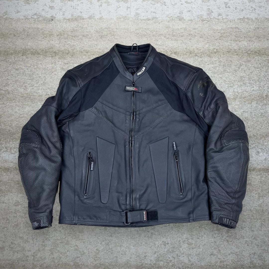 Vintage Vulcan Genuine Leather Jacket Mens XL Jet Black Biker Padded ...