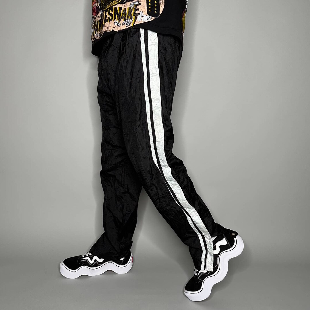 Vintage Breakaway Track Pants Nylon Jet Black White Baggy Fit Lined 90s ...
