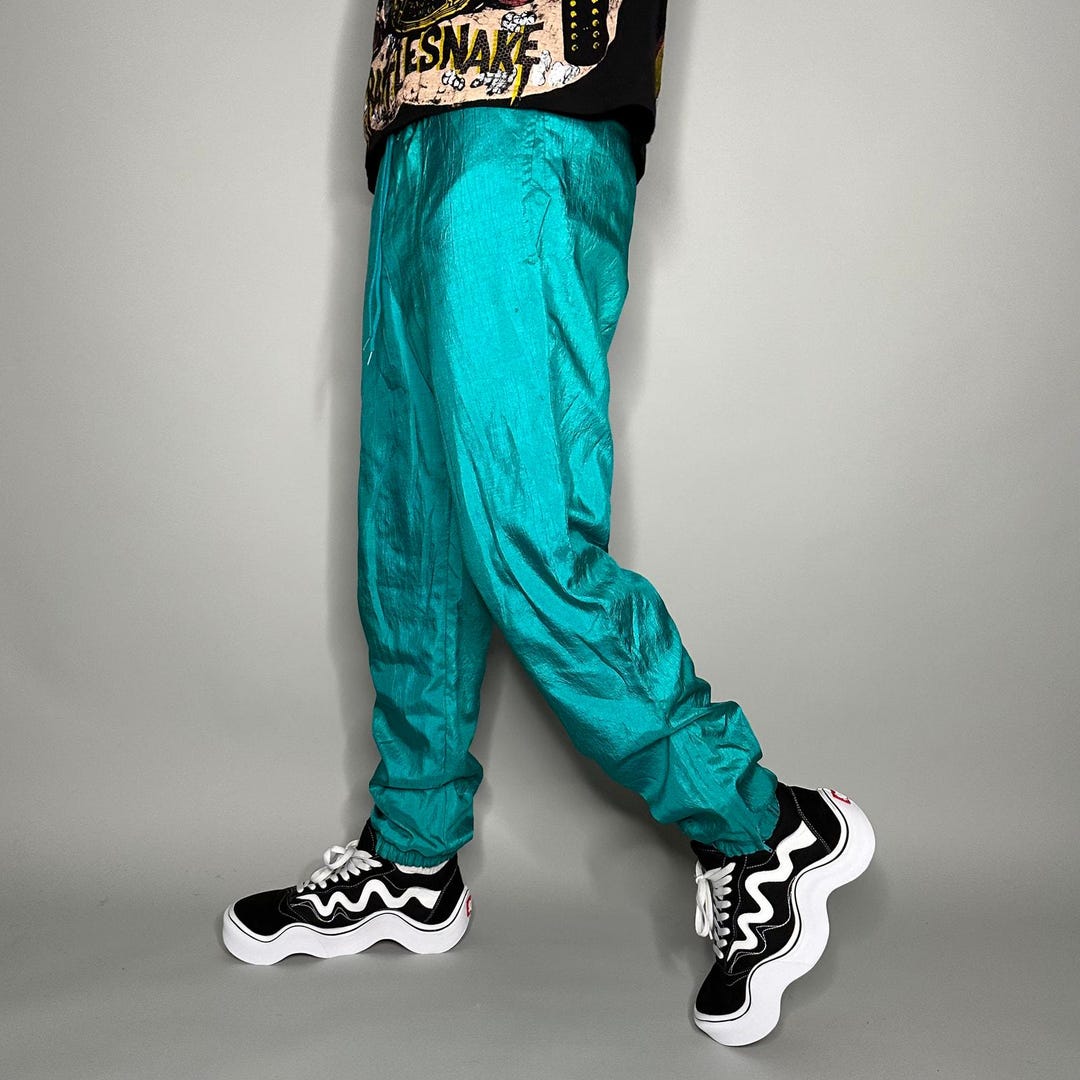 Vintage 90s Track Pants Mens S Teal Nylon Joggers Elastic Cuffs Ankle ...