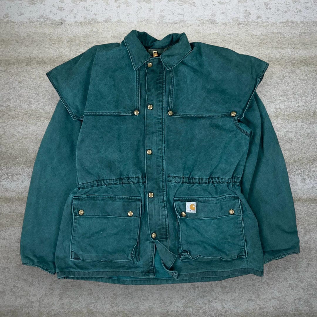 Vintage Carhartt Jacket L Forest Green Cotton Canvas Plaid Lined Button ...