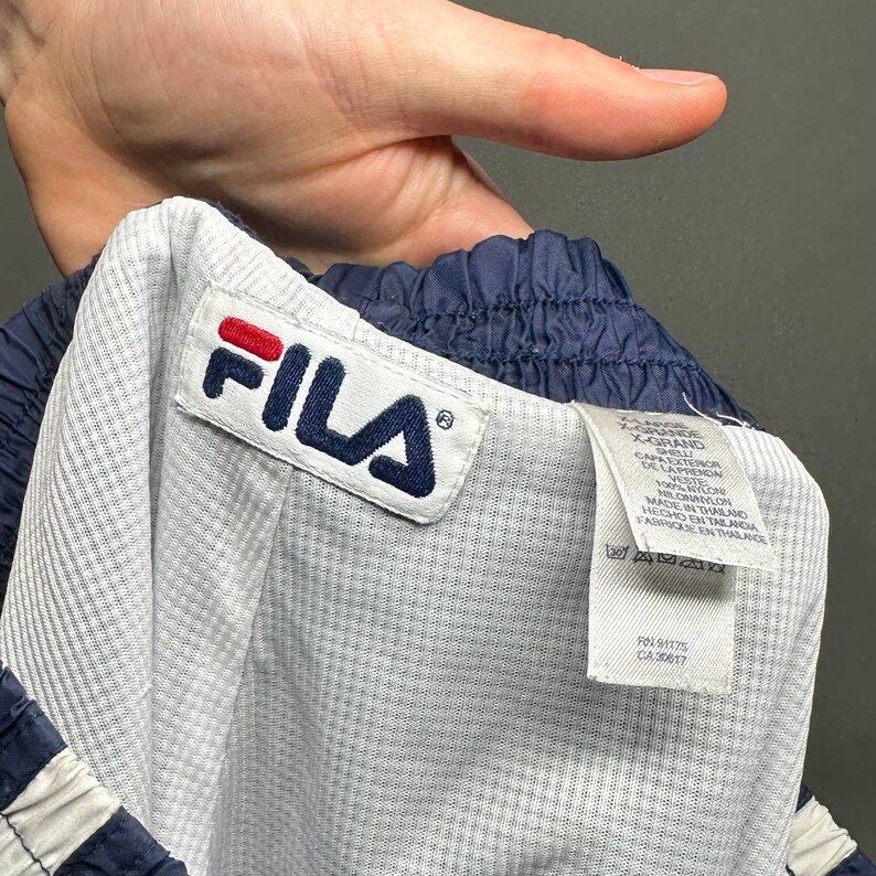 Vintage Fila Track Pants Navy Blue Nylon White 3 Stripes Baggy Fit ...