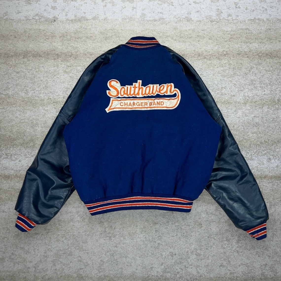 Vintage Varsity Jacket Navy Blue Orange Leather Band Made in USA Neff ...
