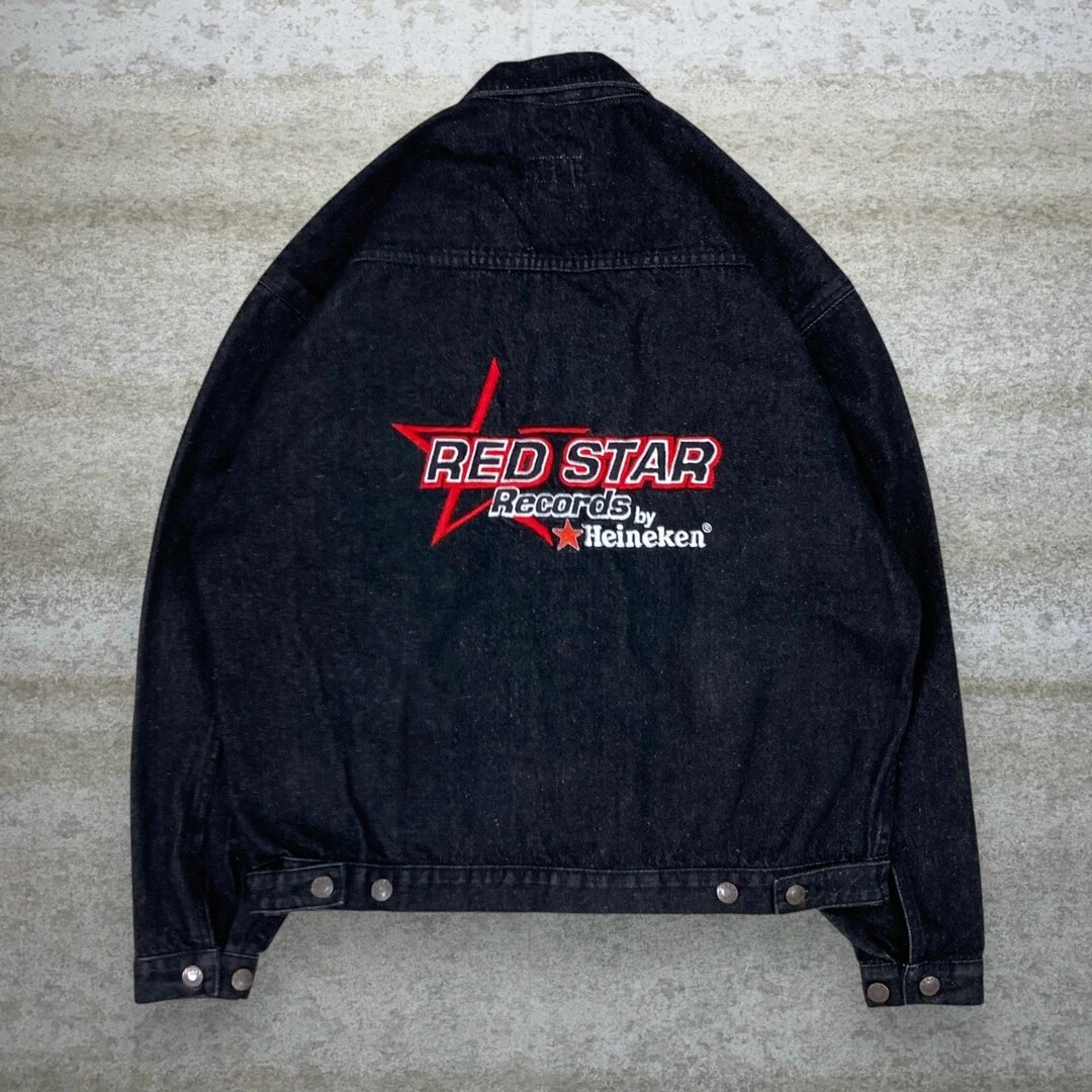 Vintage Heineken Jean Jacket XL Jet Black Wash Denim Button up Red Star ...