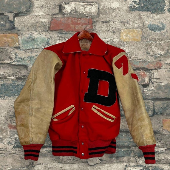True Vintage Varsity Jacket Crimson Red Tan Leather S… - Gem