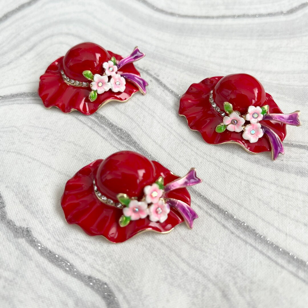 Pretty Red Hat With Pink Flowers, Red Hatter Pin Brooch Bling ...