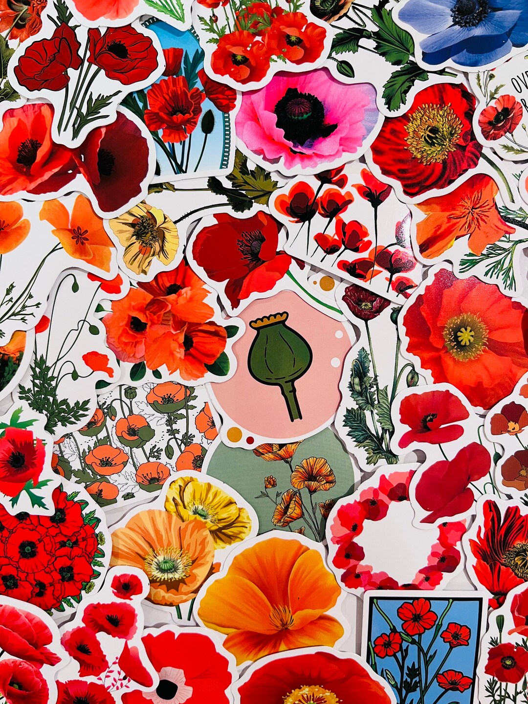 1 - 50 Pcs Poppy Flower Stickers, Party Favor, Stocking Stuffer, Gift ...