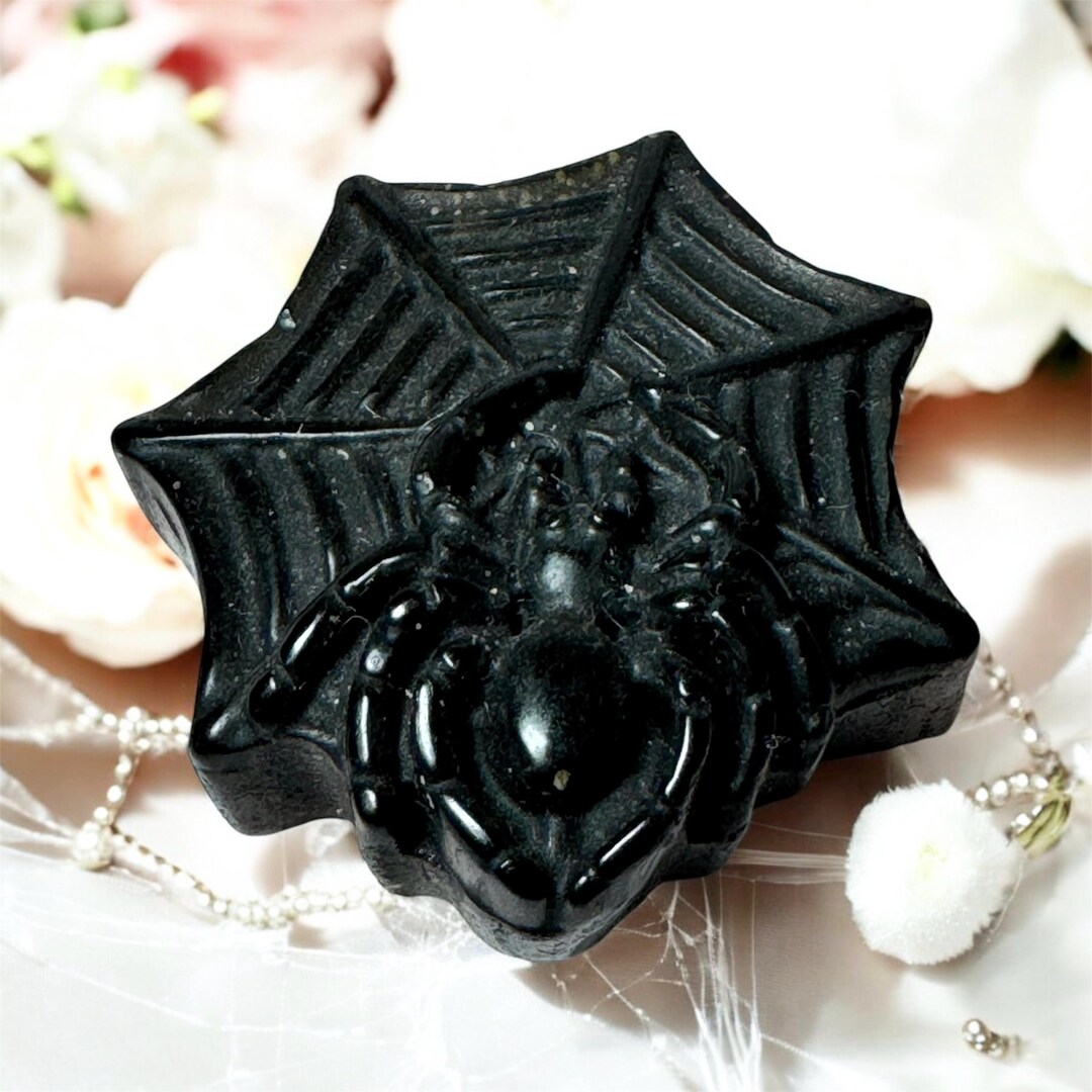 Creepy Black Obsidian Spider on Spiderweb | Gothic Crystal Decor ...