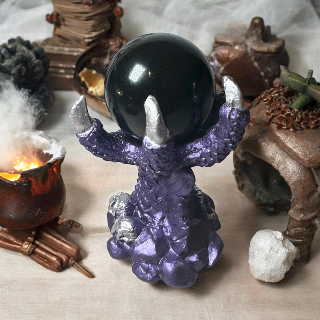 Black Obsidian Sphere With Purple Resin Dragon Claw Holder | Mystical ...