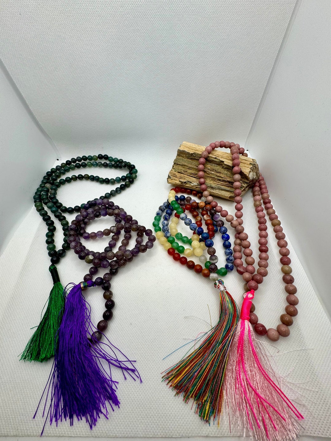 Handcrafted Japa Mala Prayer Beads - Thulite, Moss Agate, Amethyst, and ...