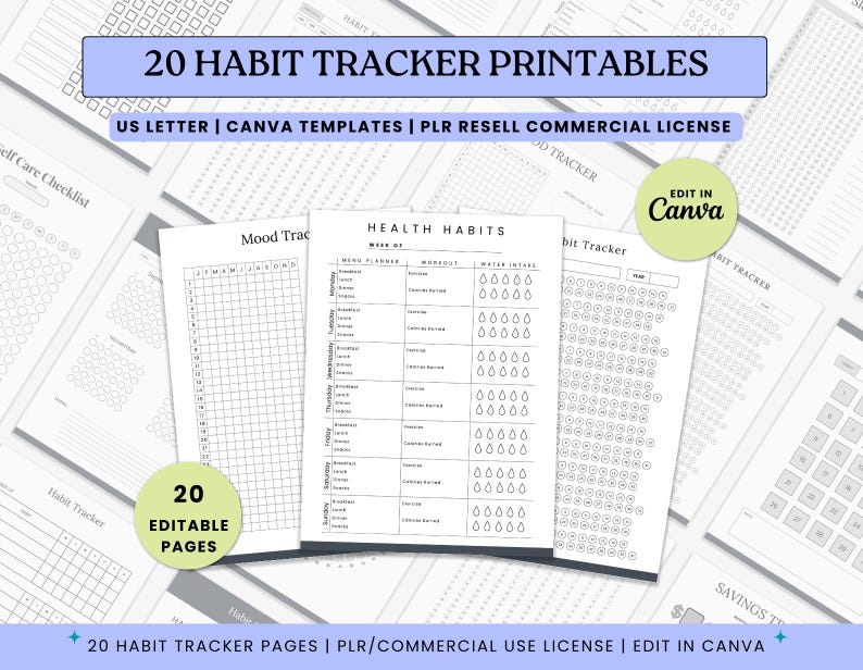 20-page Habit Tracker Printable Templates: Minimalist Design (canva ...