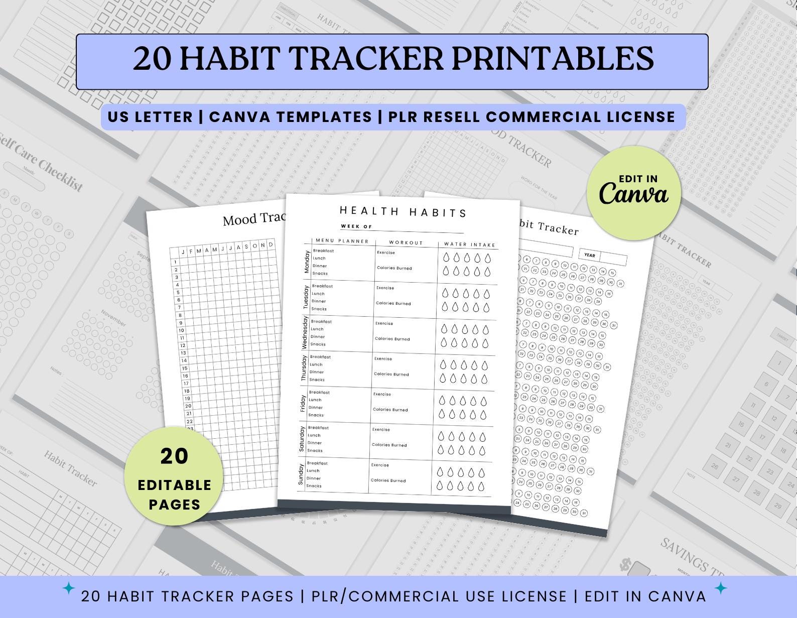 20-page Habit Tracker Printable Templates: Minimalist Design (canva ...