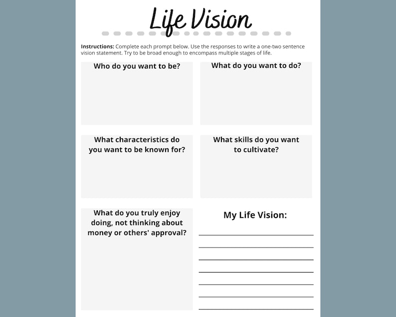 Life Vision Worksheet • Personal Life Vision Development Tool ...