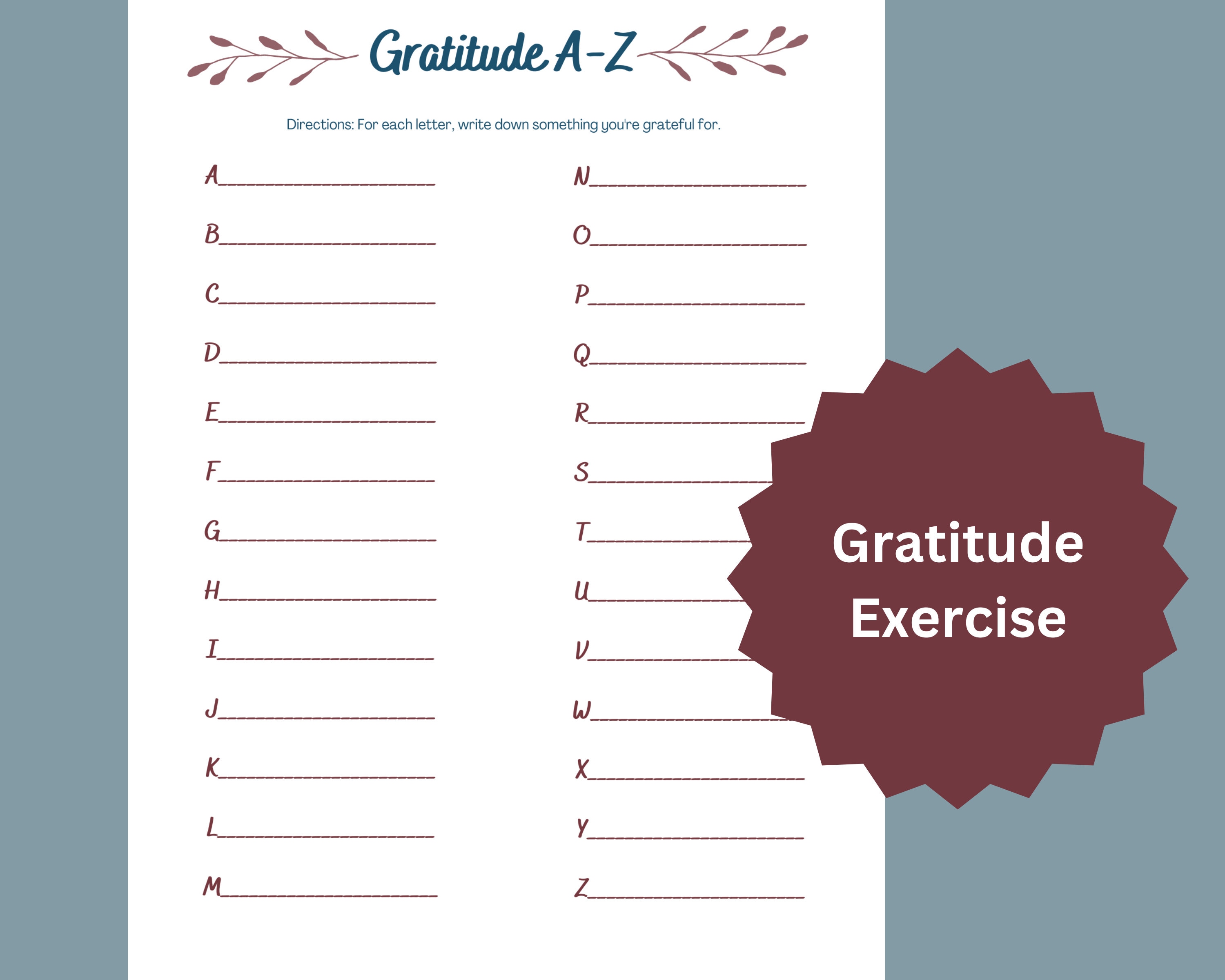 Gratitude A to Z Exercise • Personal Gratitude List Printable • Group ...