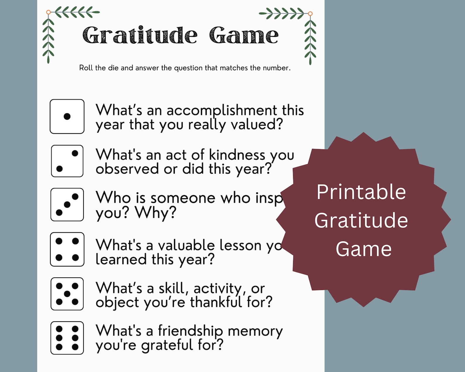 Digital Download Gratitude Game Roll the Dice Gratitude Game Practice ...