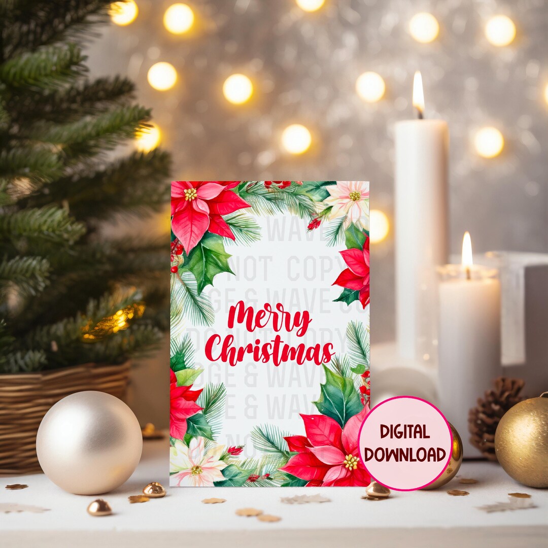 Merry Christmas Printable 5x7 Christmas Card, Poinsettias Christmas ...