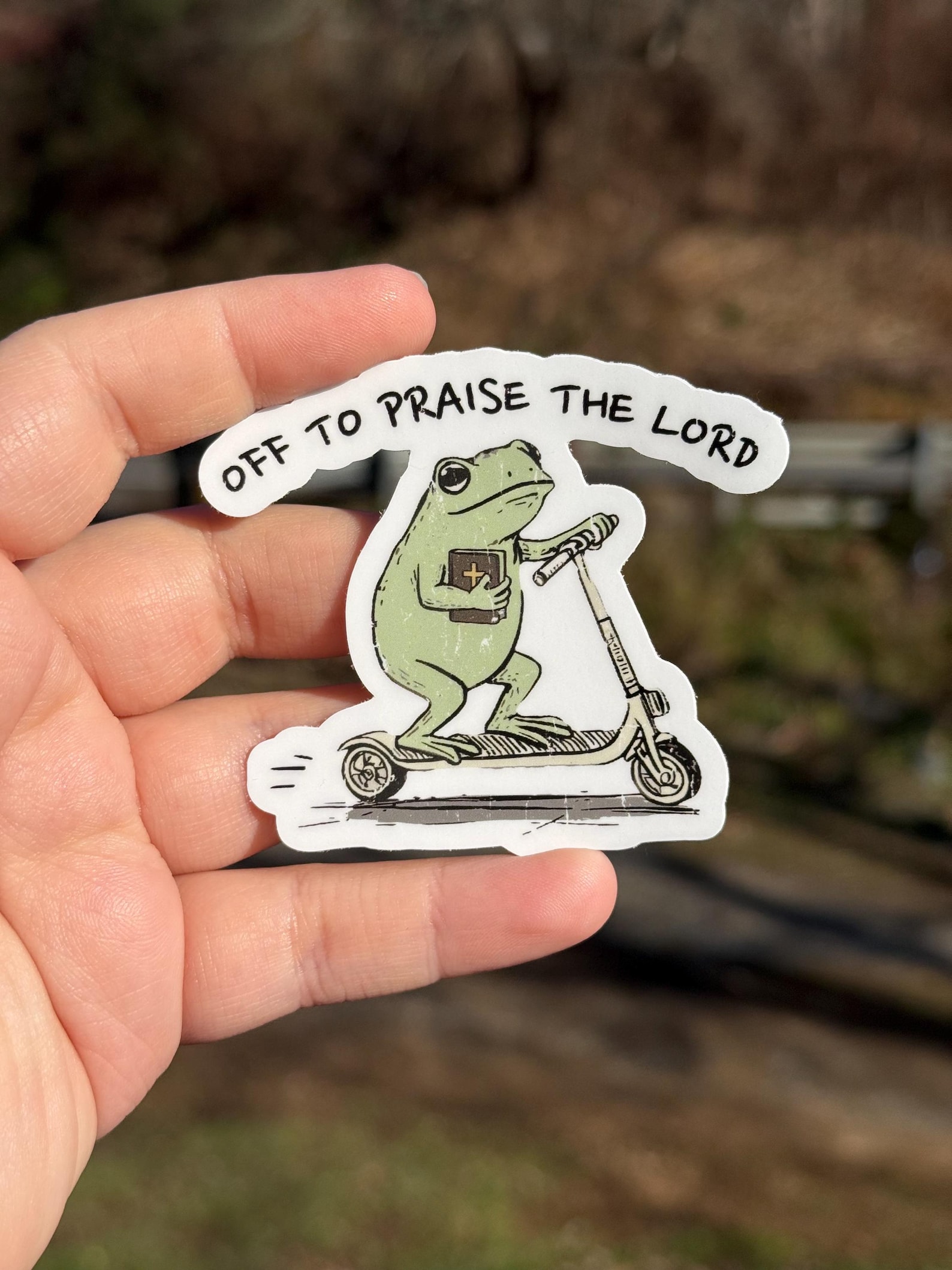 Off to Praise the Lord Funny Christian Sticker for Women, Funny Frog ...