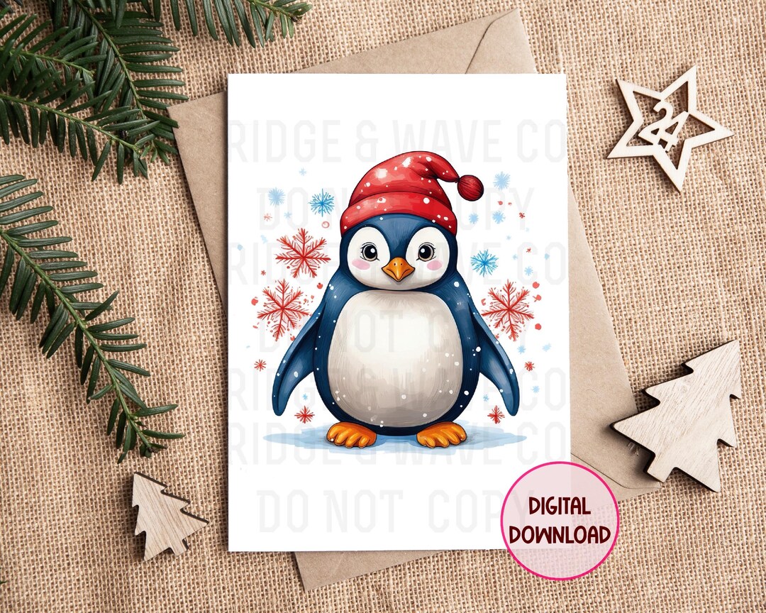 Happy Penguin Printable 5x7 Christmas Card, Watercolor Penguin ...