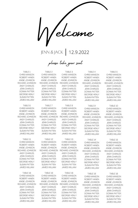 Elegant Seating Chart Template Horizontal Minimalist Seating - Etsy