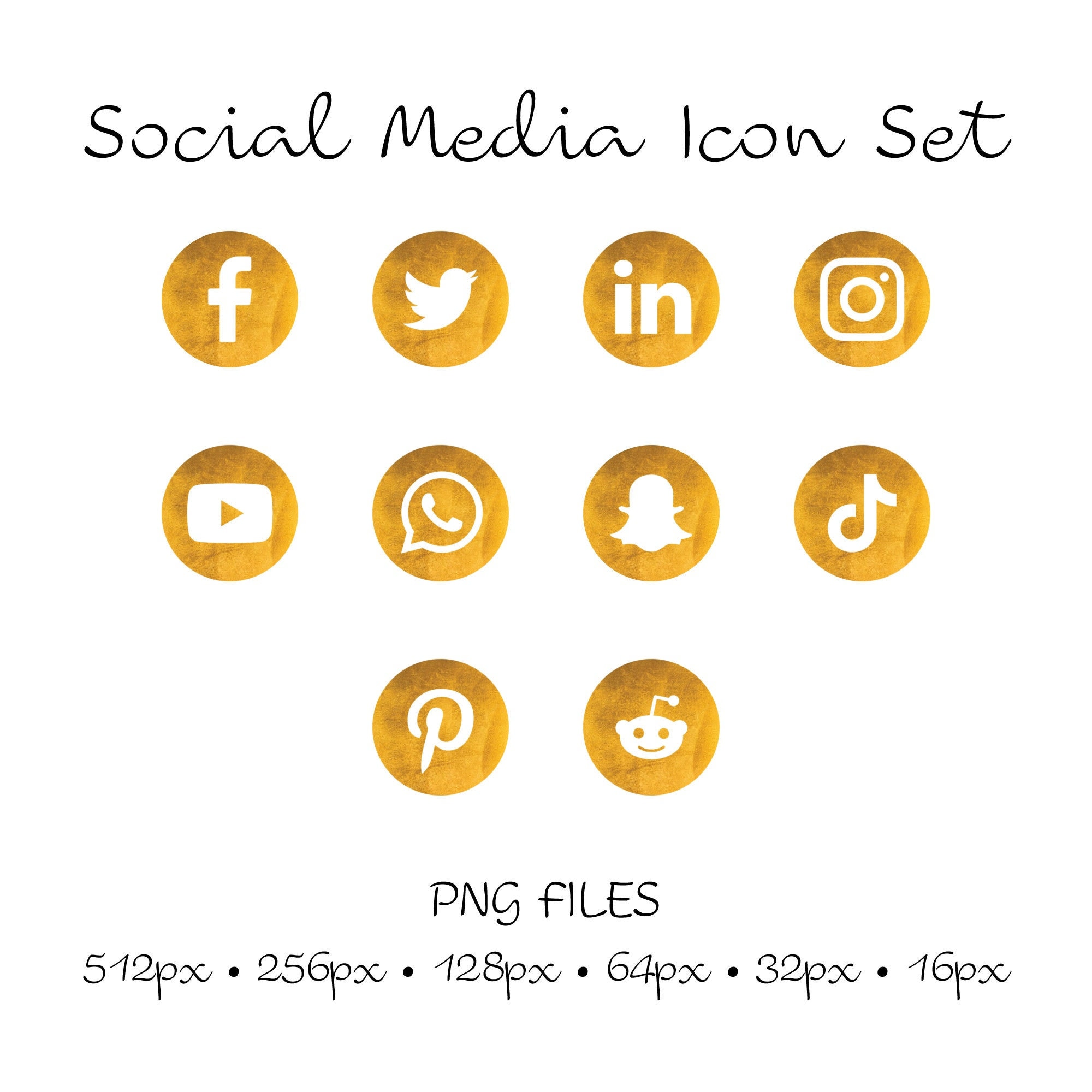 Gold Social Media Icons PNG Bundle, Website Icons - 10 Icons, 6 Sizes ...