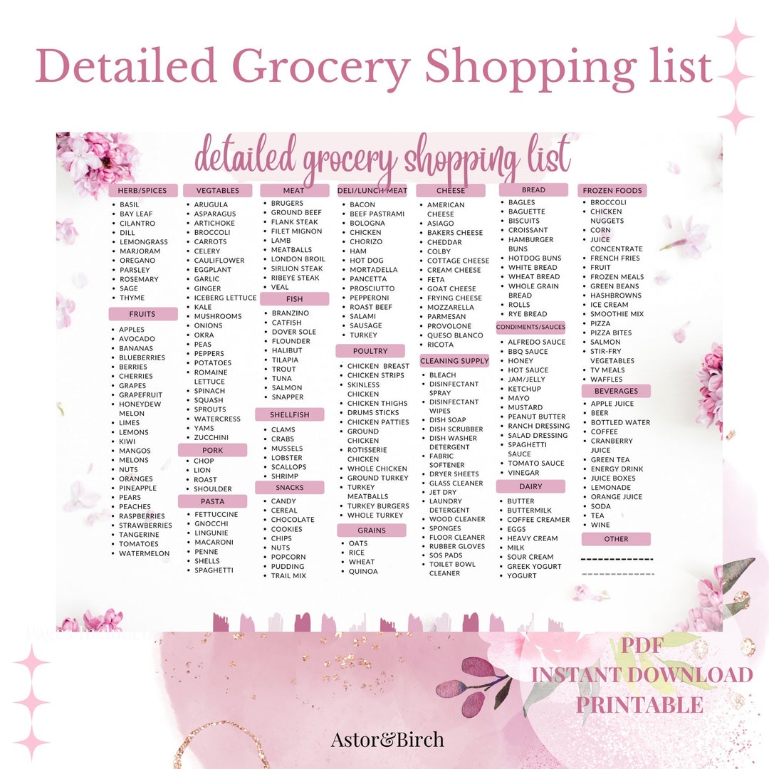 Detailed Grocery Shopping List | Grocery List | (printable) | Food ...