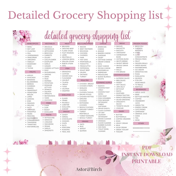 Detailed Grocery Shopping List Grocery List printable - Etsy