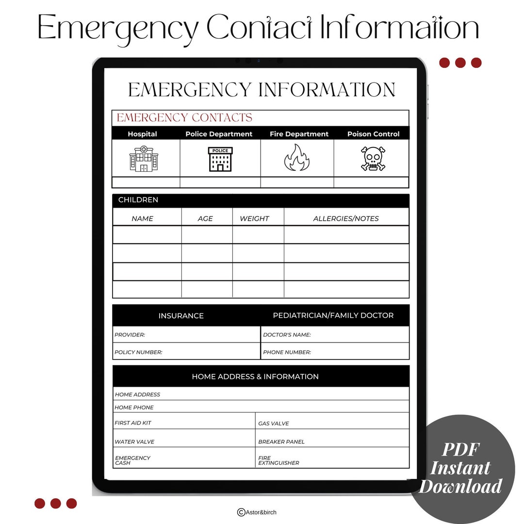 Emergency Contact Information | Babysitter Info Sheet| Emergency ...