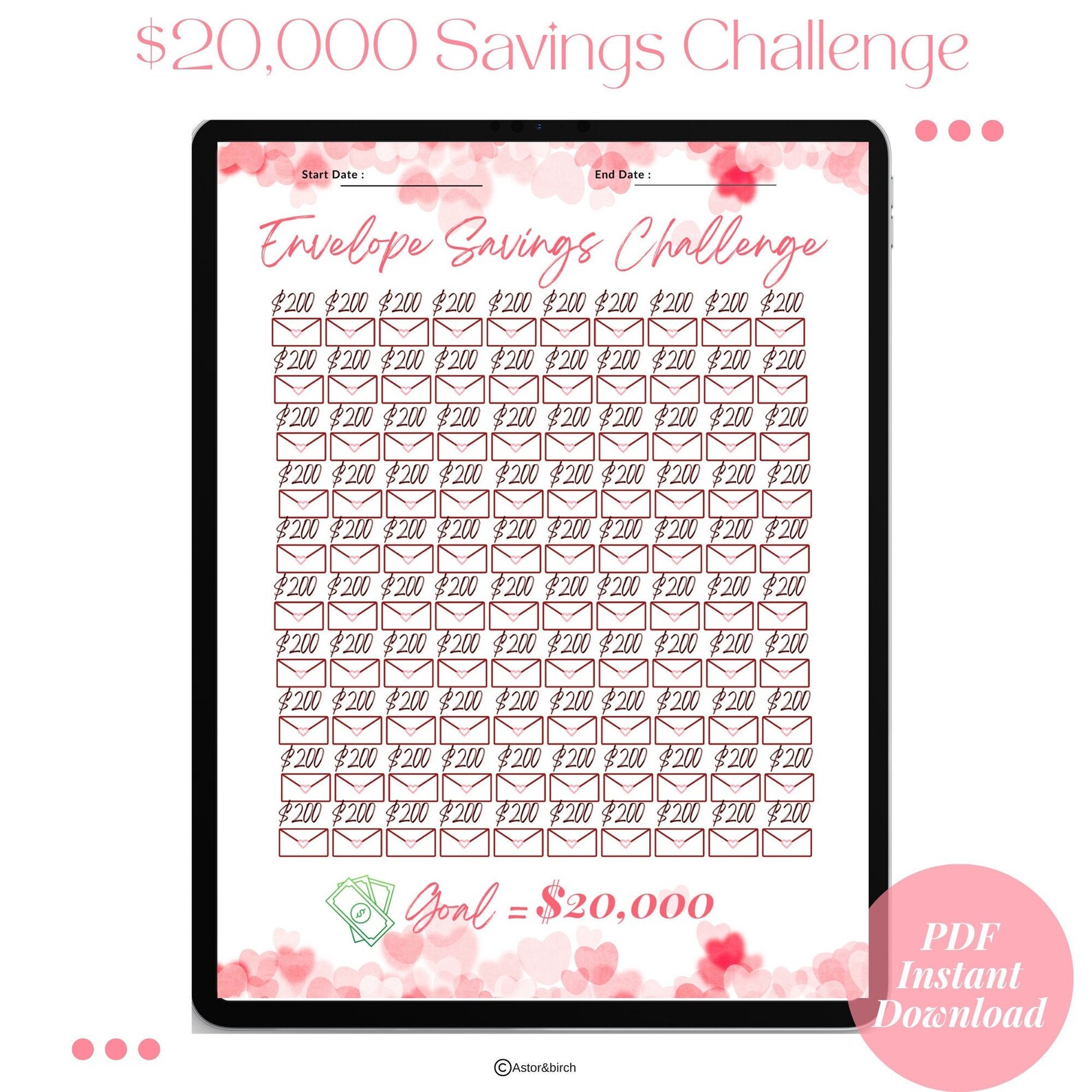 20K Envelope Savings Challenge ( Printable)| Saving Tracker | 20K ...
