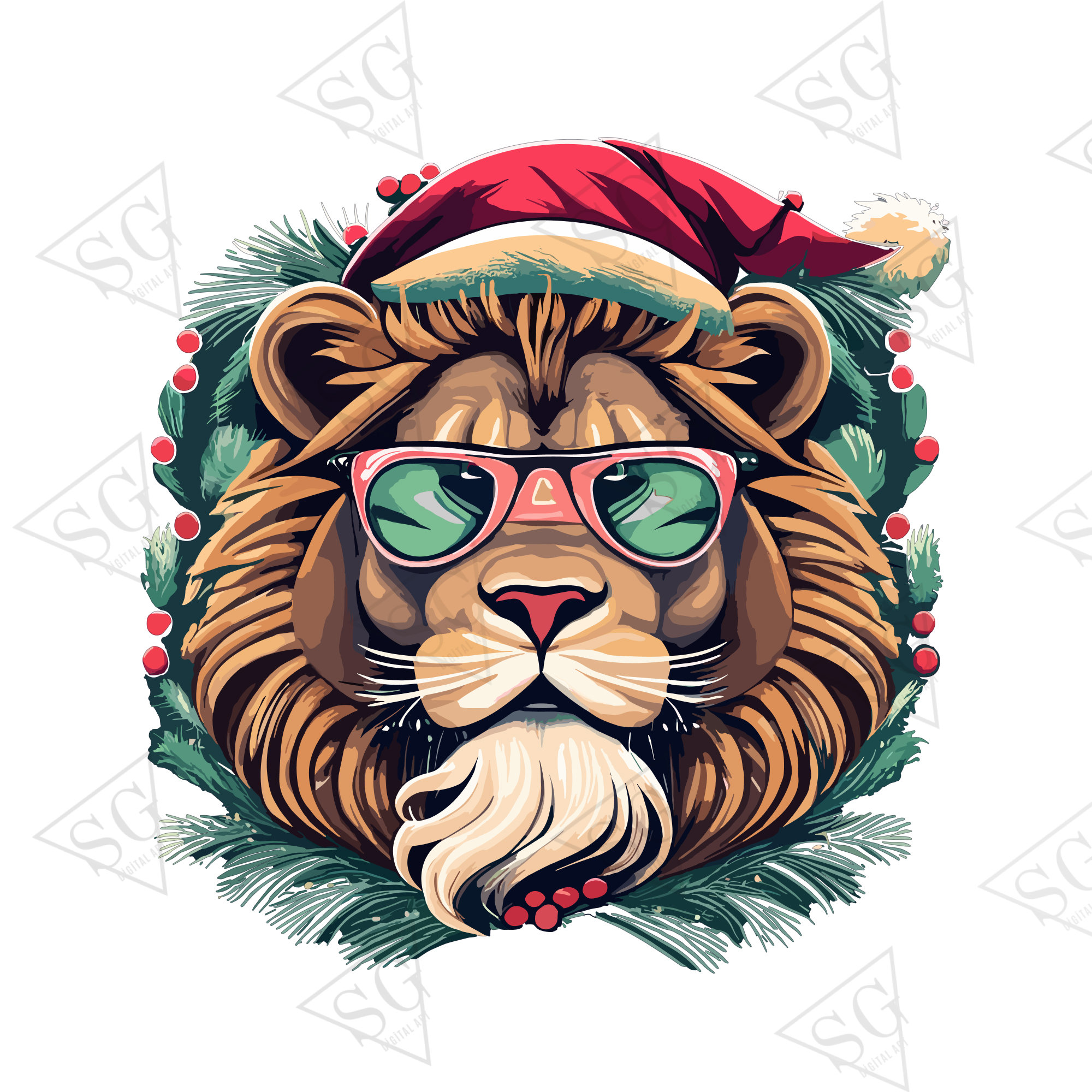 Santa Lion Christmas Png - Lion With Santa Hat and Sunglasses Png ...
