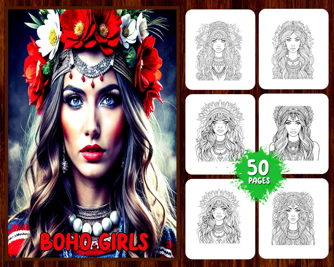 Boho Beauties Girls Grayscale Coloring Pages for Adults, Beautiful Girl ...