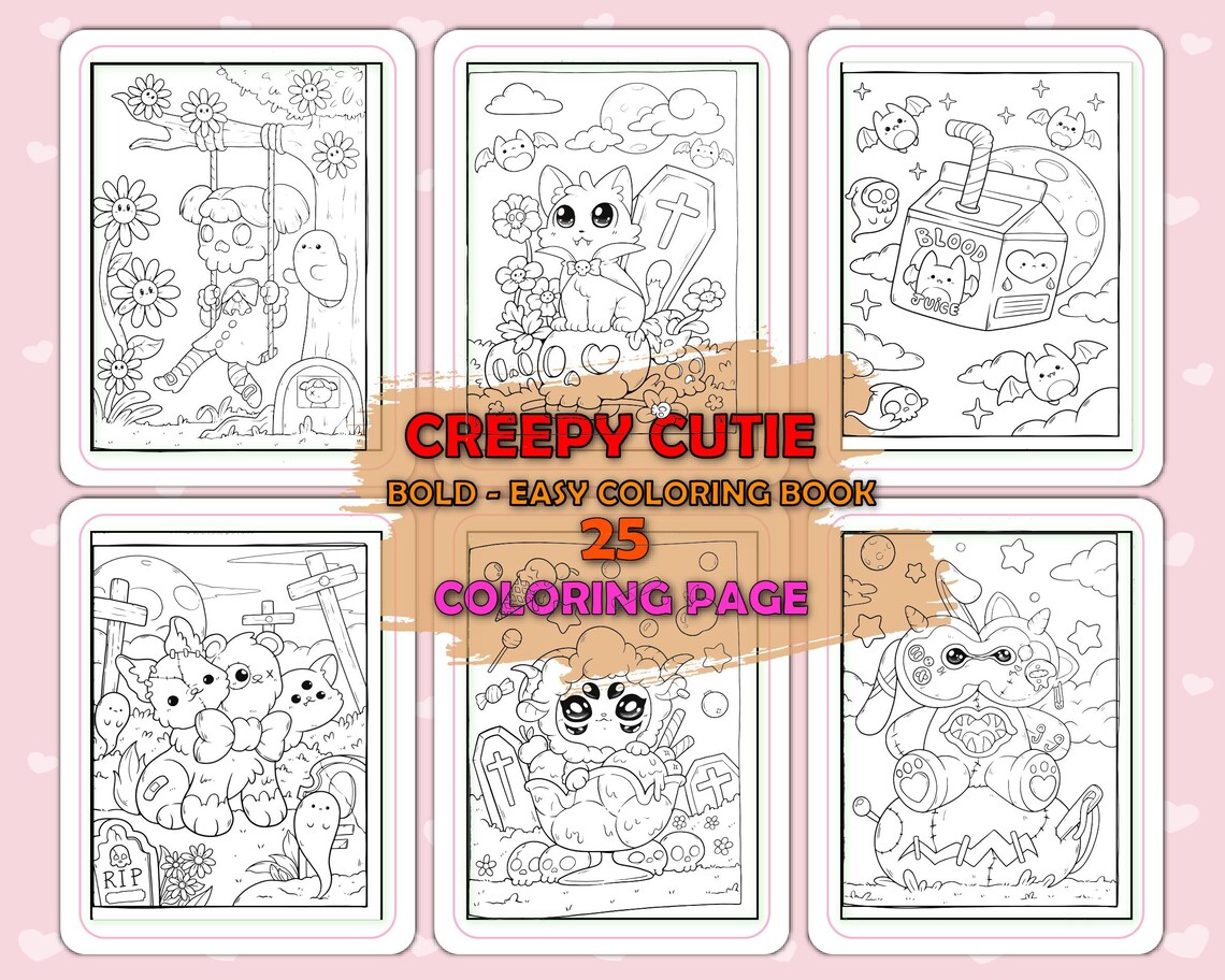 Creepy Cutie Coloring Page: Goth Kawaii Spooky Creatures (digital ...