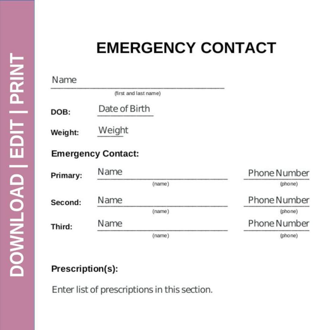 Editable Emergency Contact Form Emergency List Medication - Etsy