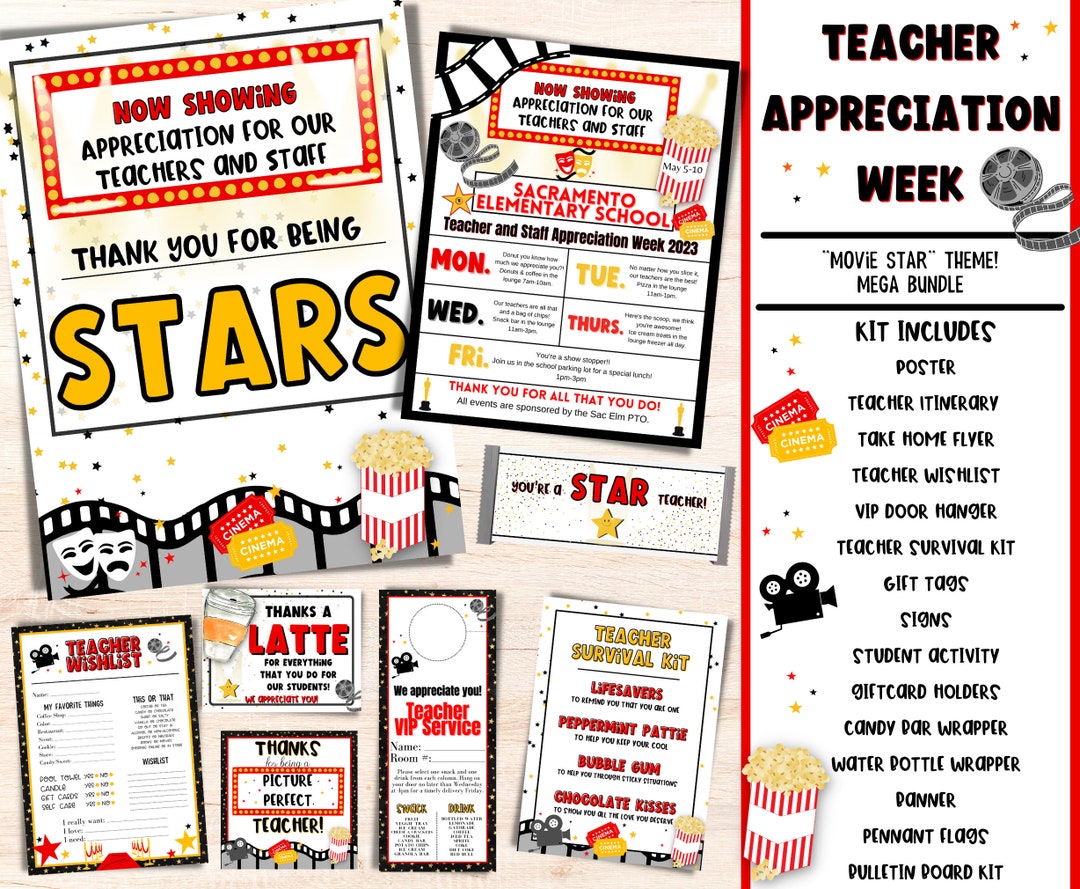 Movie Star Theme Teacher Appreciation Week Printable Editable Bundle ...