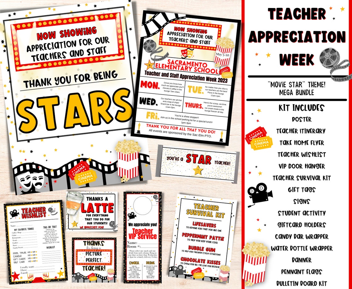 Movie Star Theme Teacher Appreciation Week Printable Editable Bundle ...